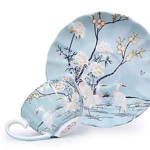 ufengke 8oz Blue Fine Bone China Coffee Cup with Saucer, White Flowers, White Crane Porcelain Tea Cup and Saucer