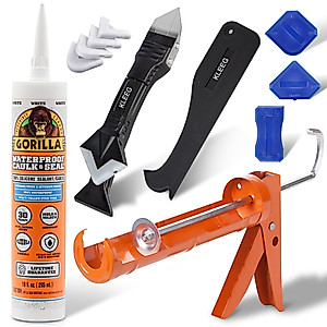 Kit of Gorilla Caulk Sealant 100% Silicone Sealant, 10oz Cartridge, White + KLEEG Caulk Gun + KLEEG Caulking Tool Kit - Dripless Caulking Gun, Caulk Removal Tool, 3in1 Scraper Sealant Tool