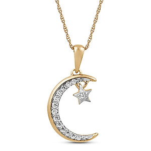 Jewelili 10k Yellow Gold Moon Star Pendant Necklace with Natural White Round Diamonds, 1/10 Cttw, 18" Gold Filled Rope Chain