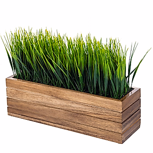 MyGift 14 Inch Artificial Green Grass Plant in Solid Acacia Wood Planter Window Box, Faux Greenery in Decorative Rectangular Crate Style Wooden Container