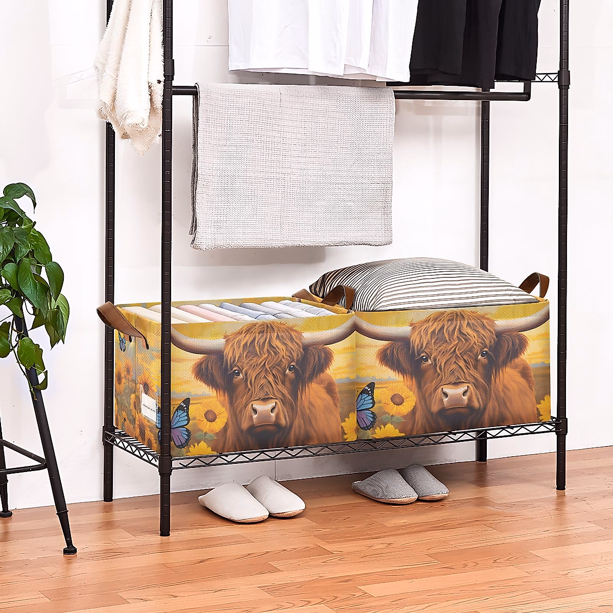 PDZRMY Open Storage Bin Blue Butterfly Highland Cow Large Foldable Storage Box Storage Basket Organizer Bins with Leather Handles for Shelf Closet Bedroom Living Room Office Home 1 Pack
