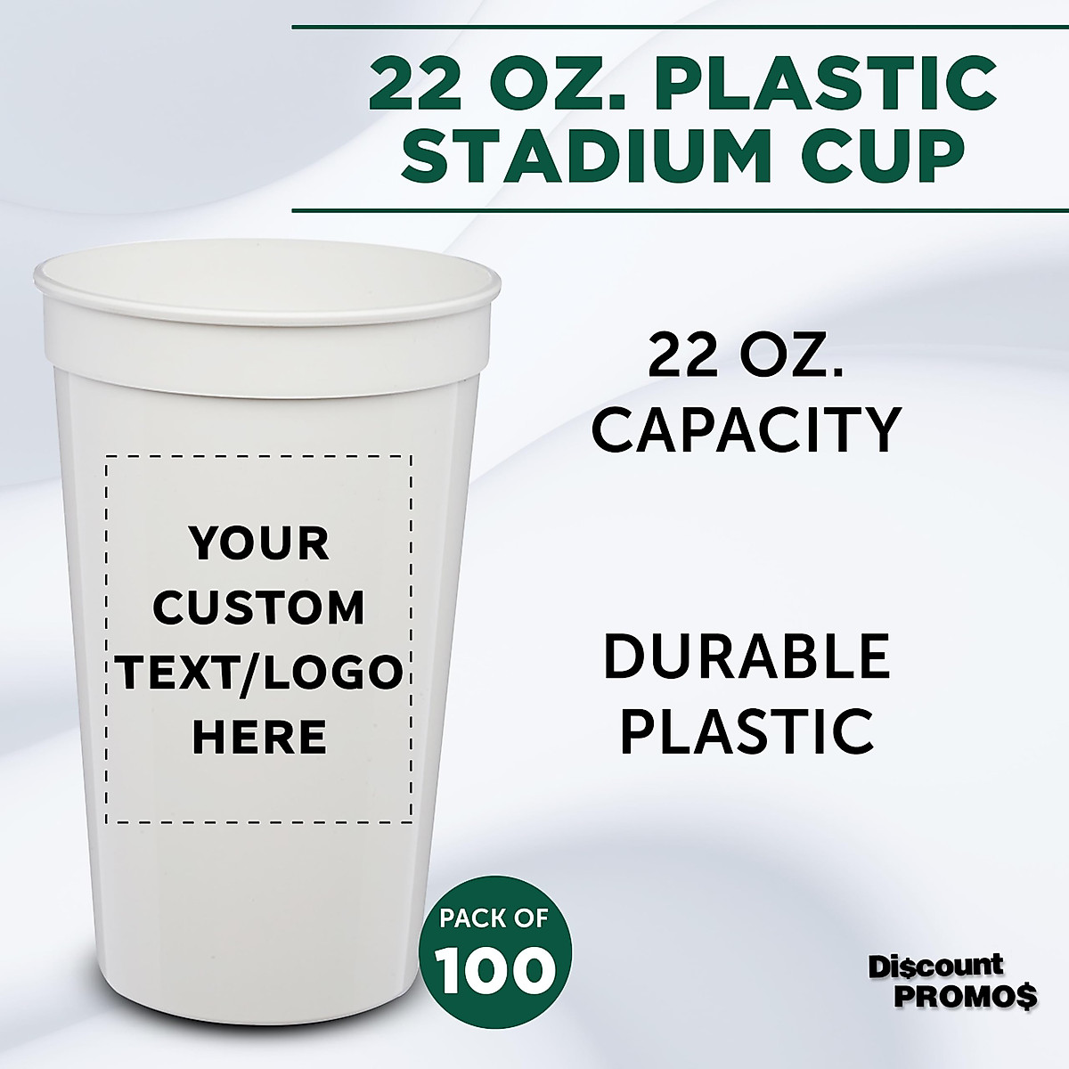 DISCOUNT PROMOS Custom Large Plastic Stadium Cups 22 oz. Set of 100, Personalized Bulk Pack - Perfect for Birthdays, Picnic, Beach, Parties - White