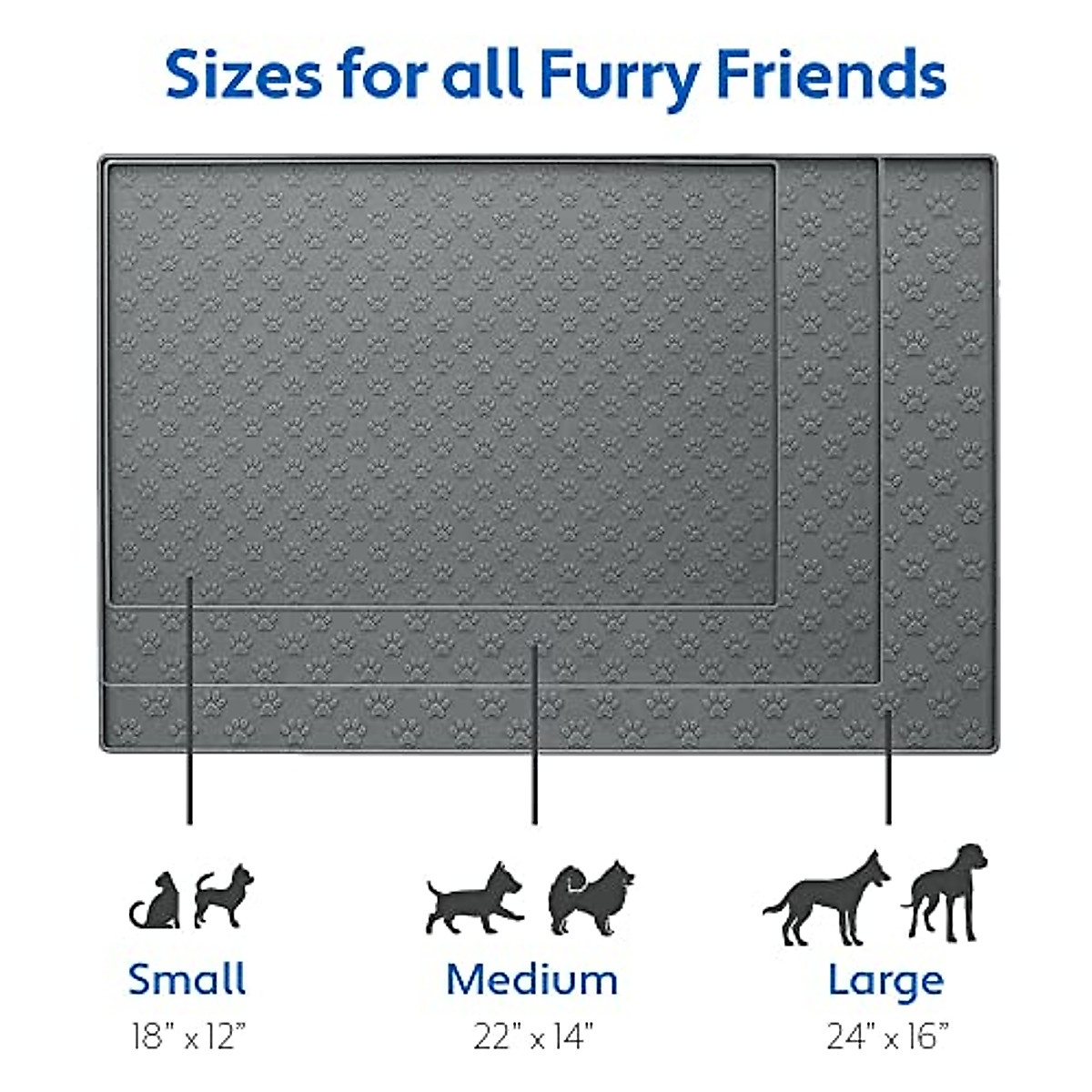 MIGHTY MONKEY Silicone Pet Feeding Mat, Waterproof Placemat for Dog and Cat Bowls, Raised Edges, Prevent Water Spills and Food Messes on Floor, Paw Print Tray Mats, Dishwasher Safe, 18x12, Gray