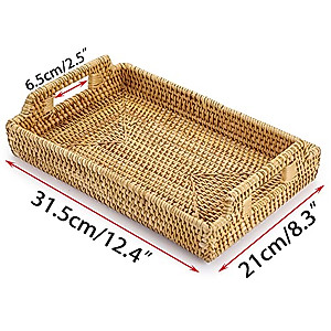 Hipiwe Rattan Serving Tray with Handles - Hand-Woven Decorative Tray for Storage Breakfast, Drinks, Snack,Rectangular Basket Organizer Tray for Coffee Table, Home Decor (Small)