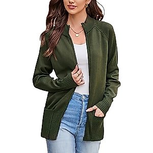 GRACE KARIN Women 2023 Fall Winter Zip Up Sweater Cardigan Long Sleeve Chunky Knit Sweater Jacket with Pockets S Dark Army Green