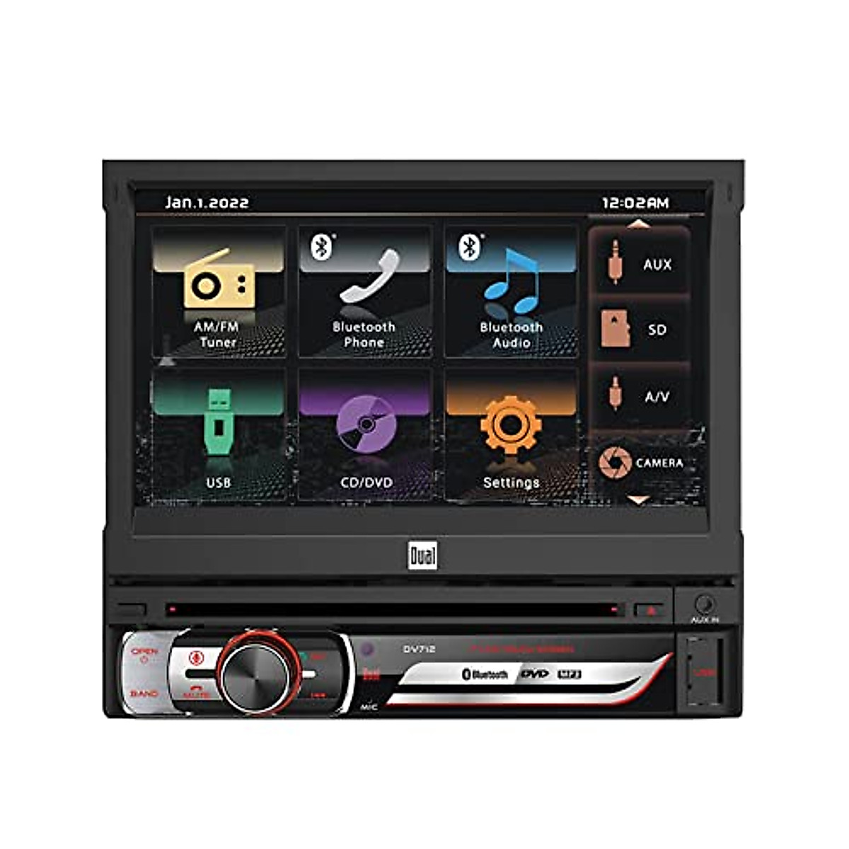 Dual Electronics DV712 7" Multimedia Touch Screen Single DIN Car Stereo Receiver, Siri/Google Voice Assist, Bluetooth, CD/DVD, USB and microSD Inputs