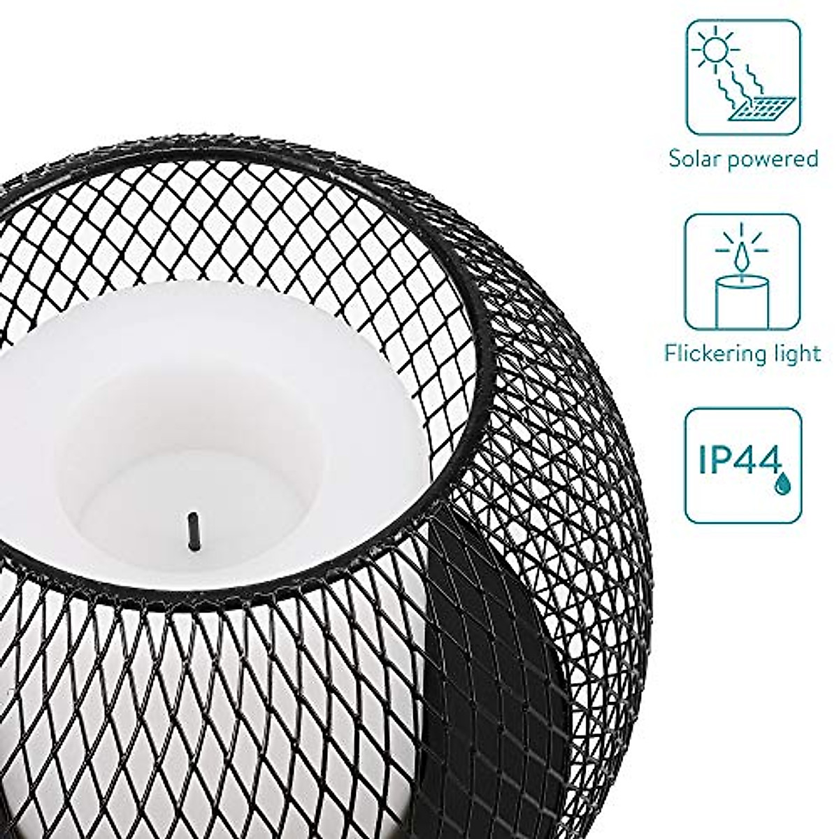 Navaris Outdoor Solar Candles (Set of 2) - LED Candle Lights with Holders - Lantern Lighting with Black Metal Mesh Holder - for Table, Patio, Garden