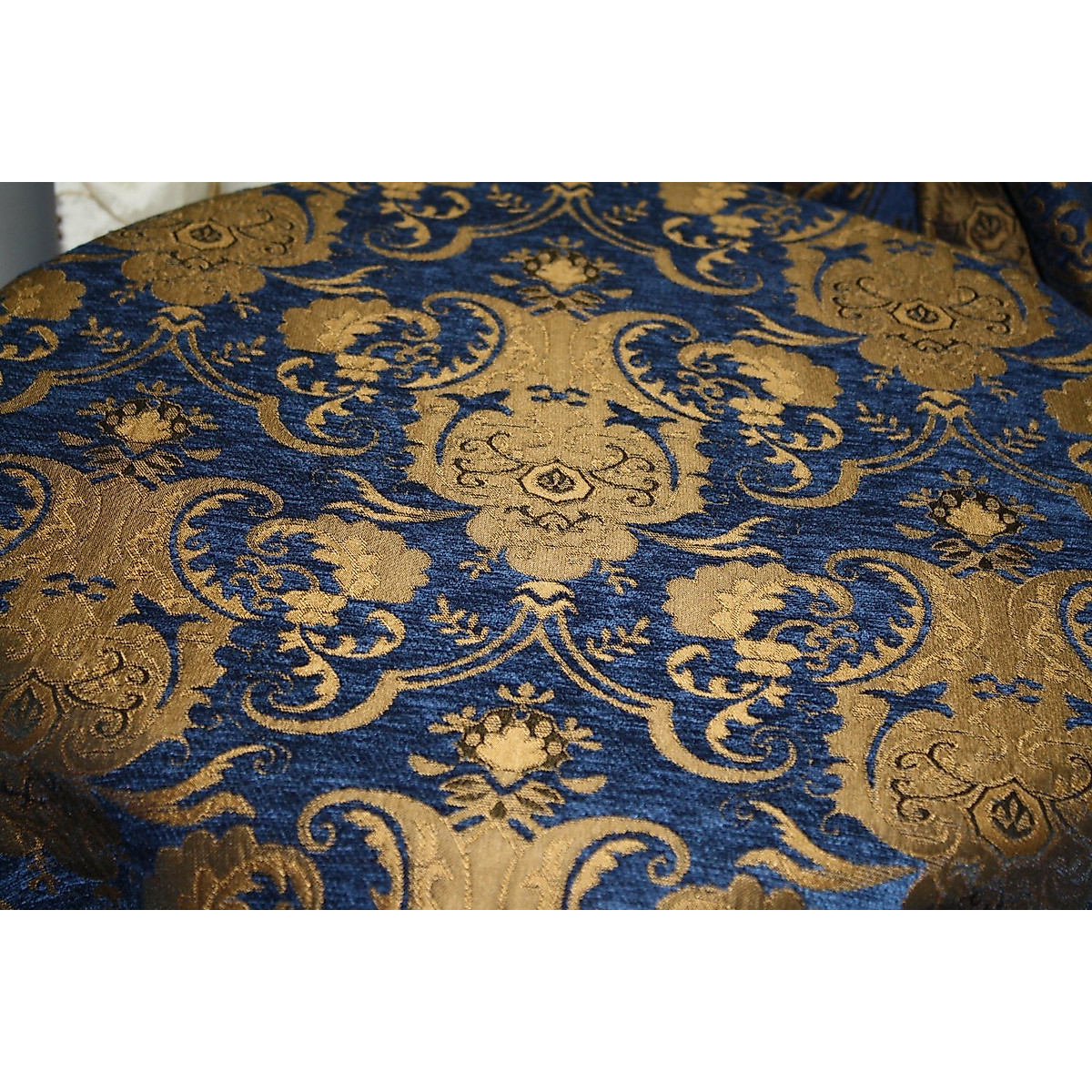 Chenille Renaissance Home Decor Upholstery, Sold by The Yard (Blue/Gold)