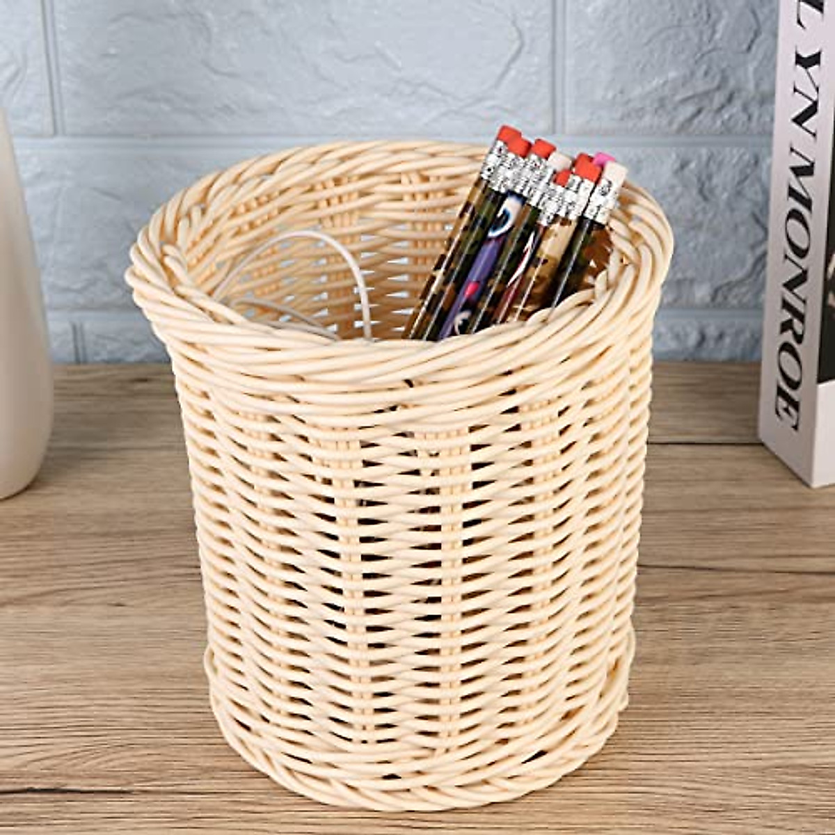 Zerodeko Woven Storage Baskets Round Rattan Waste Basket Woven Trash Can Paper Waste Basket Straw Wicker Sundries Storage Basket Garbage Container Bin for Bathroom Kitchen Beige Woven Baskets