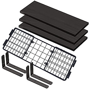 Szkiuqe 2-in-1 Floating Shelves, Bathroom Shelves with Storage Basket, Wall Mounted Rustic Wood Shelves, Farmhouse Wall Decor for Bedroom, Kitchen, Living Room and Plants - Black