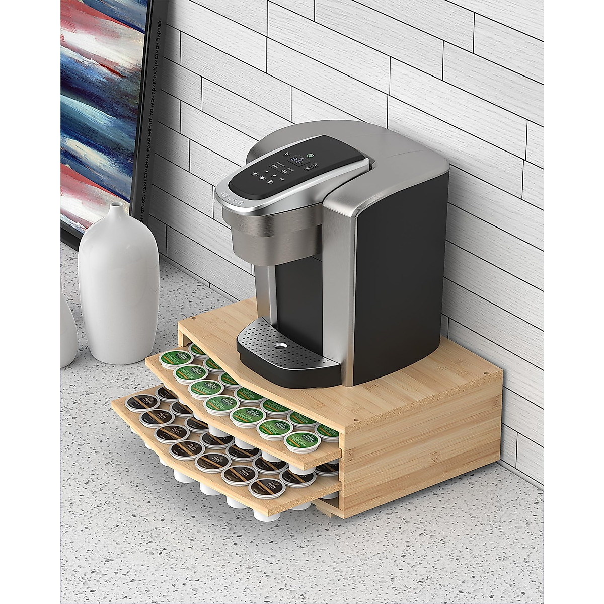 WELL WENG for Keurig Coffee Pod Holder Drawer (KK270) - Premium Bamboo, Compatible with K-Cups, 70 Pod Pack Capacity Rack, 2-Tier Holder & Storage - Natural Bamboo