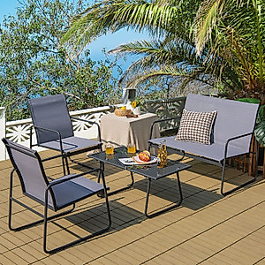Tangkula 4 Pieces Patio Furniture Set, Outdoor Conversation Set with Tempered Glass Coffee Table, Metal Frame, Breathable Fabric, Indoor & Outdoor Chat Set of 4, for Patio, Poolside, Garden (Gray)