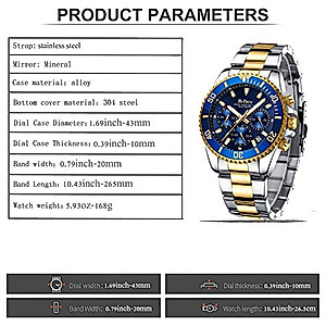 BIDEN Mens Watches Chronograph Gold Blue Stainless Steel Waterproof Date Analog Quartz Watch Business Casual Fashion Wrist Watches for Men