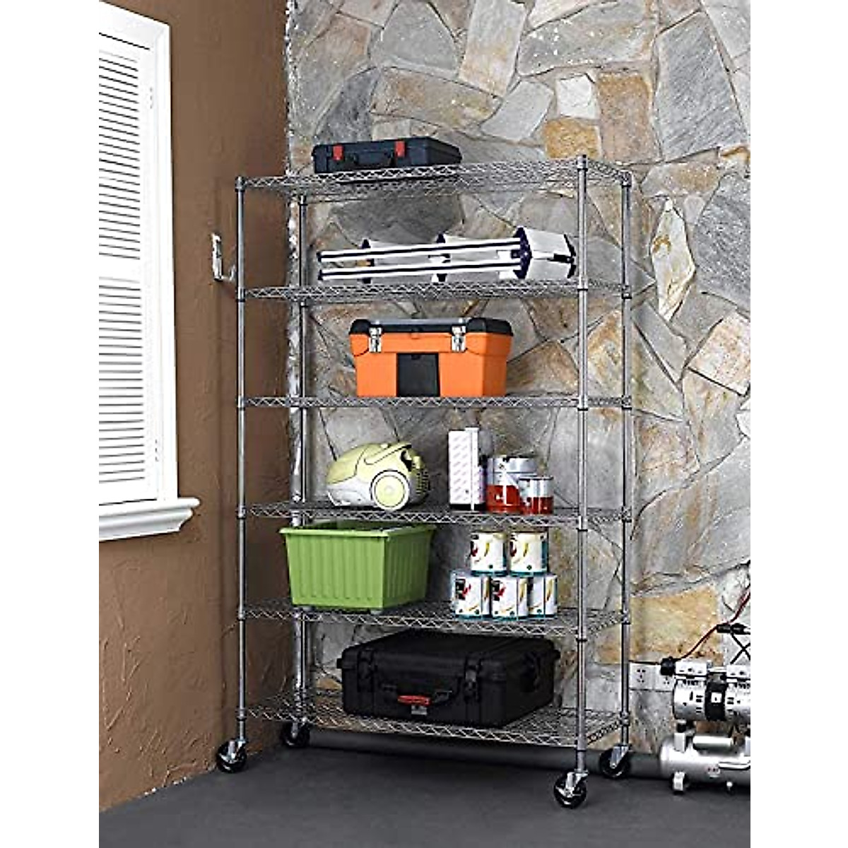 6 Tier Wire Shelving Unit Rack NSF Heavy Duty Height Adjustable Storage Shelf Metal Shelving with Wheels/Feet Levelers Garage Rack Kitchen Rack Office Rack Commercial Shelving - Chrome - 48x18x76