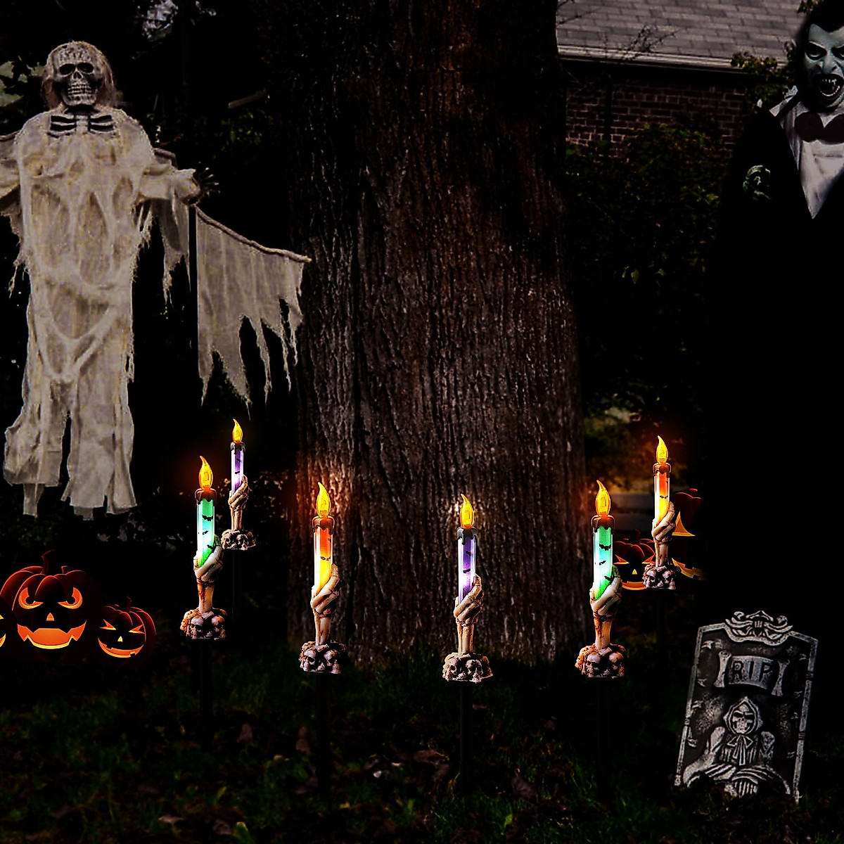 Halloween Solar Candle Light Stakes, 6 Pcs Skeleton Hands Hold Lighted Candle Paito Decor Pathway Makers, Waterproof Light Up Figurine for Outdoor Indoor Halloween Party Decorations