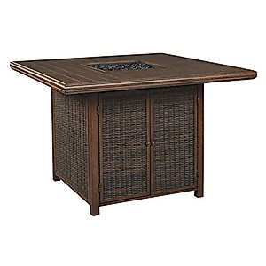 Signature Design by Ashley Paradise Trail Square Bar Table with Fire Pit, Medium Brown & Paradise Trail Outdoor 27.5" Wicker Patio Barstool, 2 Count, Brown
