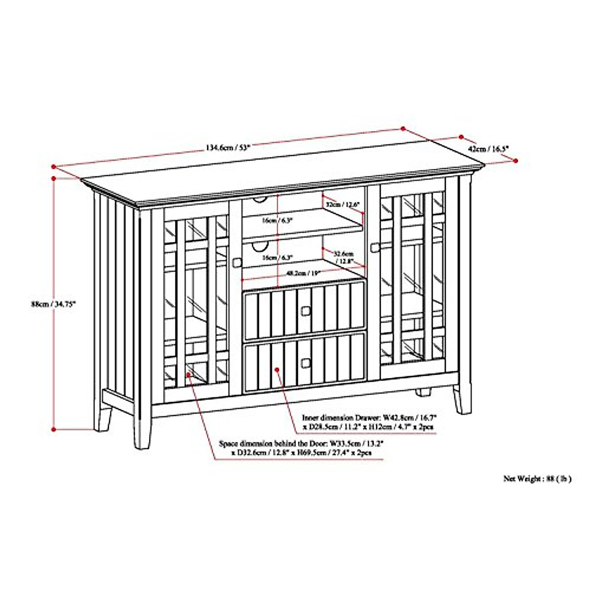 SIMPLIHOME Bedford SOLID WOOD 53 Inch Wide Transitional TV Media Stand in Dark Tobacco Brown for TVs up to 60 Inches, For the Living Room and Entertainment Center