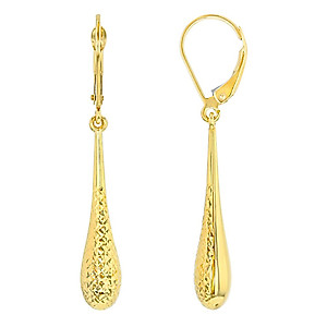 14k Yellow Gold Textured Teardrop Dangle Drop Earrings, 5.5mm