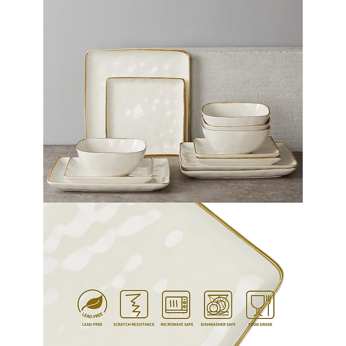Famiware Dinnerware Sets for 4, Ocean Square 12-Piece Kitchen Plates and Bowls Sets, Microwave and Dishwasher Safe, Scratch Resistant, Vanilla White