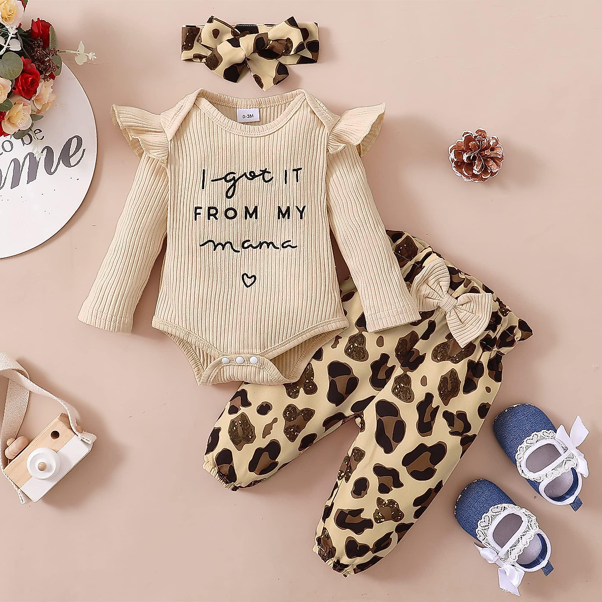 OLLUISNEO 0-3 Months Baby Girl Clothes Infant Romper Outfits Ruffle Sleeve Top Leopard Pant Set Newborn Baby Clohtes for Girls