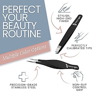 Tweezer Guru Ingrown Hair Tweezers - Pointed Precision Tweezers for Eyebrows & Ingrown Hair Removal - Blackhead and Splinter Tweezer with Sharp Needle Nose Point (2 Piece Set, Black (Point+Slant))