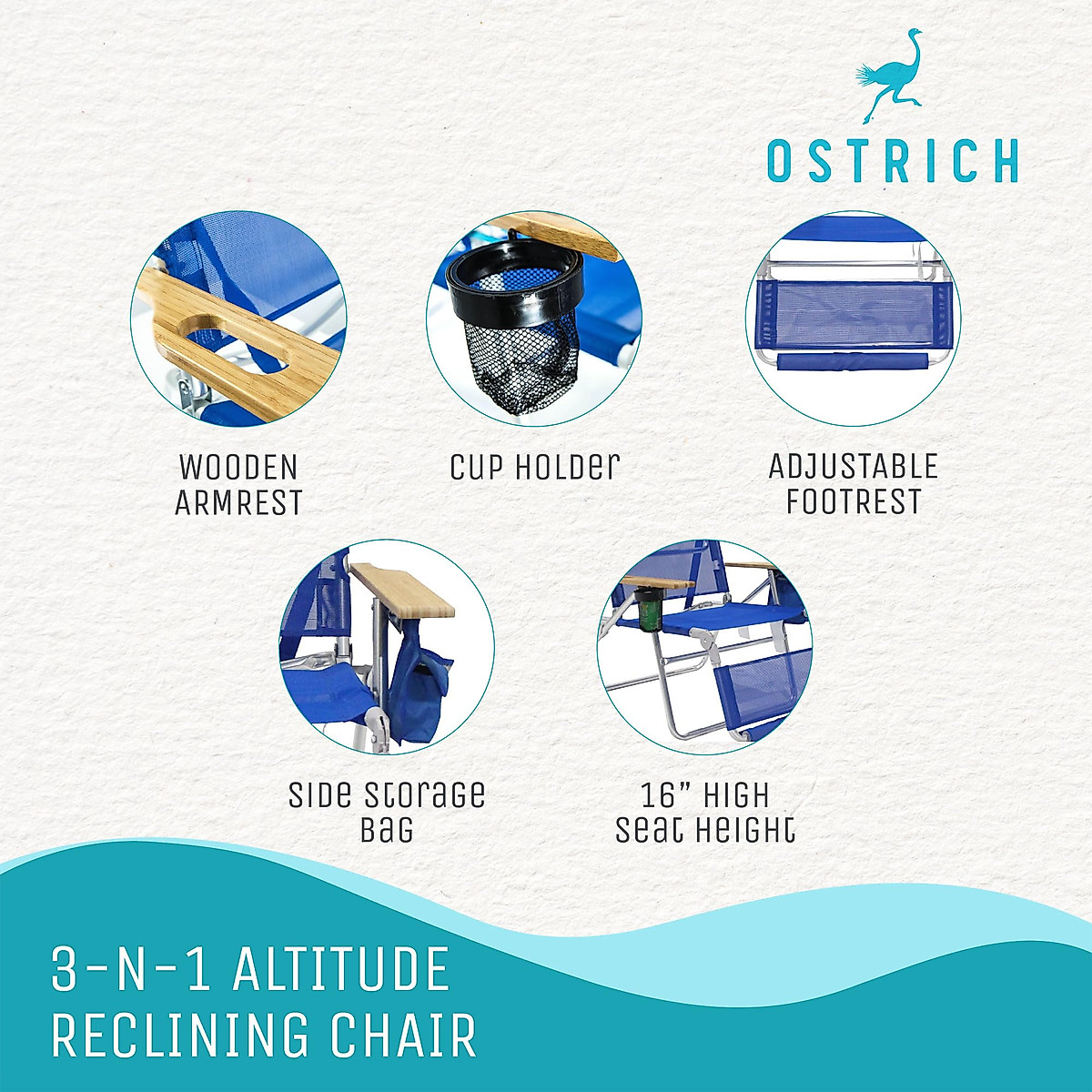 Ostrich Altitude 3-N-1 Lightweight Lawn Beach Reclining Lounge Chair with Footrest, Outdoor Furniture for Patio, Balcony, Backyard, or Porch, Blue