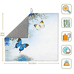 Flowers and Butterfly Printed Drying Mat For Kitchen Ultra Absorbent Microfiber Dishes Drainer Mats Non-Slip Silicone Quick Dry Pad - 18 X 16inch