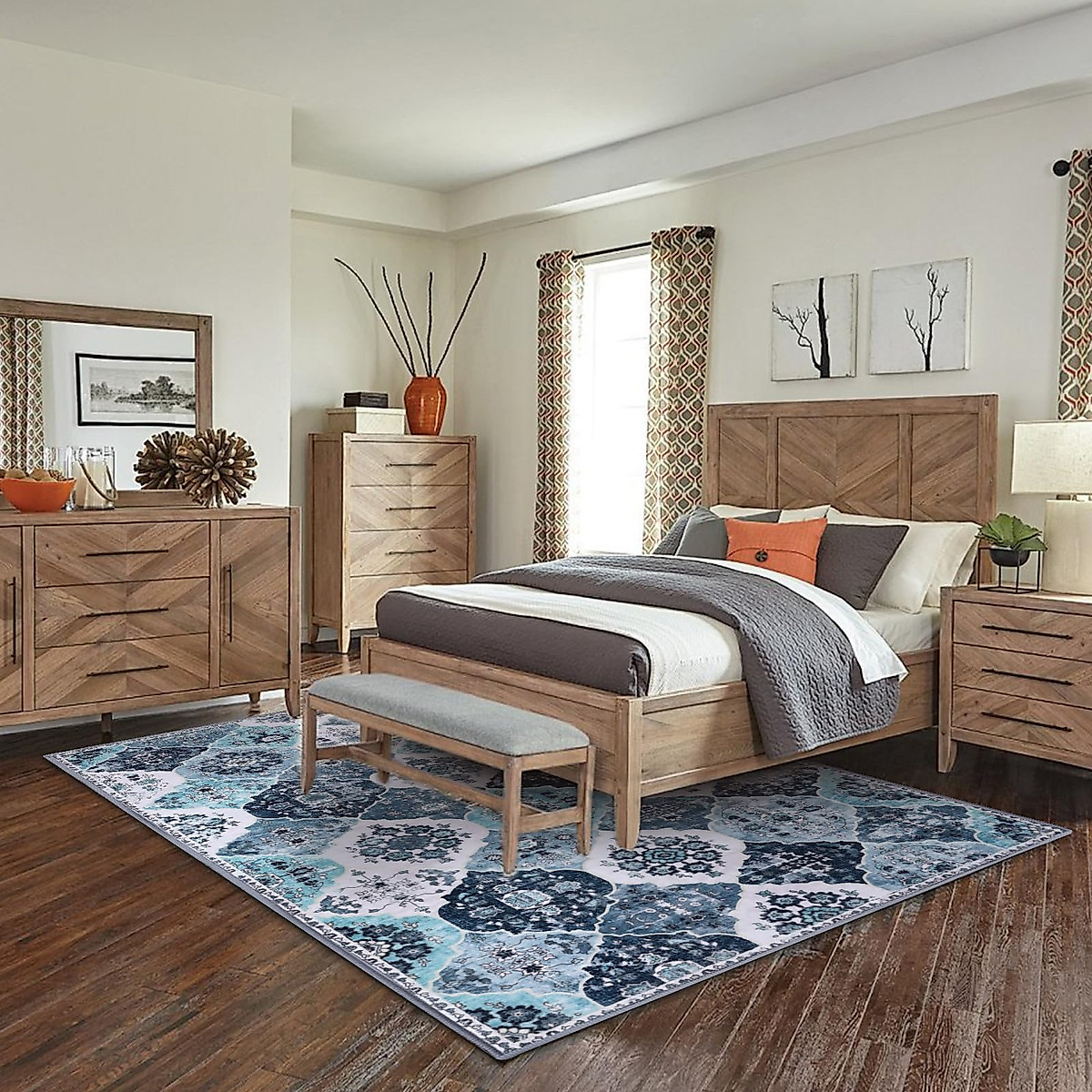 FLYRUGGO Area Rugs, 5x7 Washable Boho Throw Rug Indoor, Moroccan Trellis Bohemian Ultra Soft Large Non-Slip Carpet for Living Room Dining Room Office Bedroom (001-Blue White/Multi, 5x7)