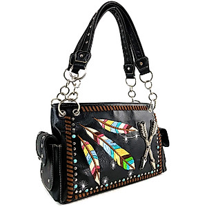 Native Color Feather Arrow Stud Weave Conceal Carry Shoulder Handbag Purse (Brown)