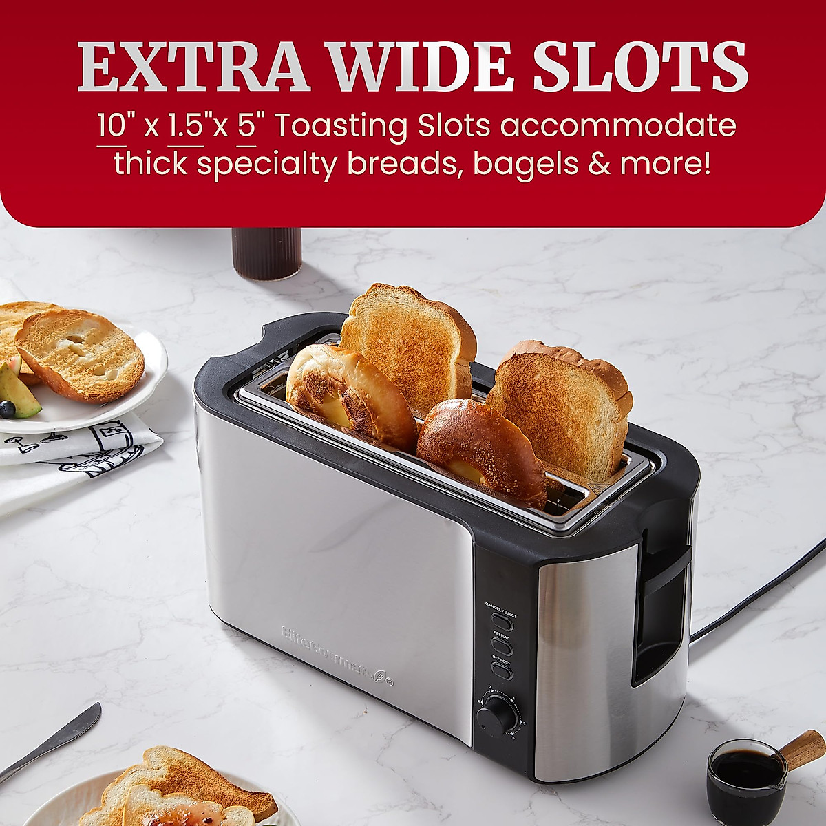 Elite Gourmet ECT-3100 Long Slot 4 Slice Toaster, Reheat, 6 Toast Settings, Defrost, Cancel Functions, Built-in Warming Rack, Extra Wide Slots for Bagels & Waffles, Stainless Steel & Black