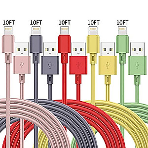MFi Certified iPhone Charger, (Color) 5 Pack 10 FT Lightning Charging Cables USB Data Cord High Speed Cable Compatible with iPhone 13 12 11 XS XR X Pro Max Mini 8 7 6S 6 Plus 5S SE iPad iPod AirPods