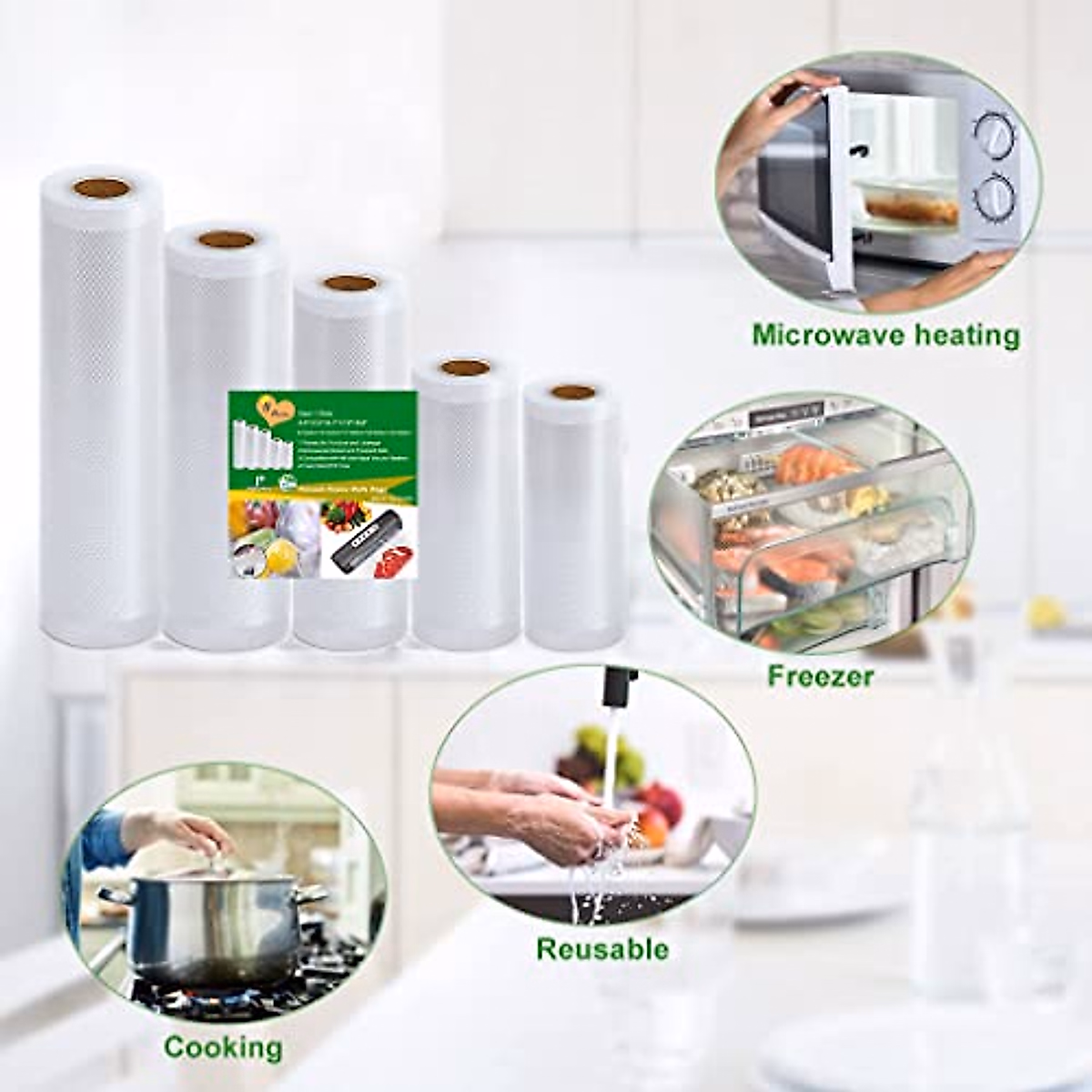 Food Vacuum Sealer Bags Rolls with Commercial Grade,Kitchen 5 Rolls Food Saver Bags,(12+15+17+20+22) x500cm Sous Vide Bags Rolls with BPA Free for All Vacuum Sealer,Great for Food Vac Storage