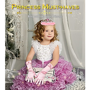 Princess Dress Up Accessories Princess Gloves, BIBUTY 7pcs Dress Up Set for Toddler Girls with Princess Crown, Wand, Gloves, Necklace, Earrings, Bracelet and Ring, Costume Toys for 3-6 yr Little Girls