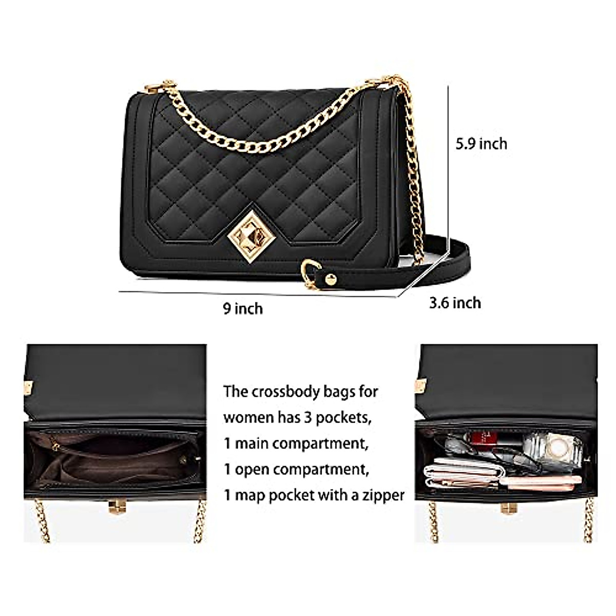 Kehpish Small Crossbody Bags for Women Shoulder Bag Quilted Satchels Clutch Handbag with Chain Strap (Black)