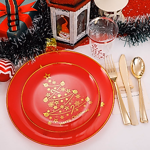 LIYH 150 PCS Plastic Christmas Dinnerware Set, Red Plastic Christmas Plates, Disposable Christmas Dinnerware with Christmas Tree Design, Plastic Christmas Silverware, Christmas Cups 25 Guests
