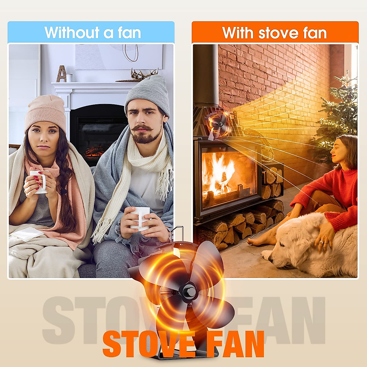 Reusii Heat Powered Stove Fan - Upgrade 4 Blade Silent Wood Stove Fan, non-Electricity Bidirectional Heat Conduction Fireplace Fan for Home Wood Log Burning, Circulating Warm Air and Eco Friendly