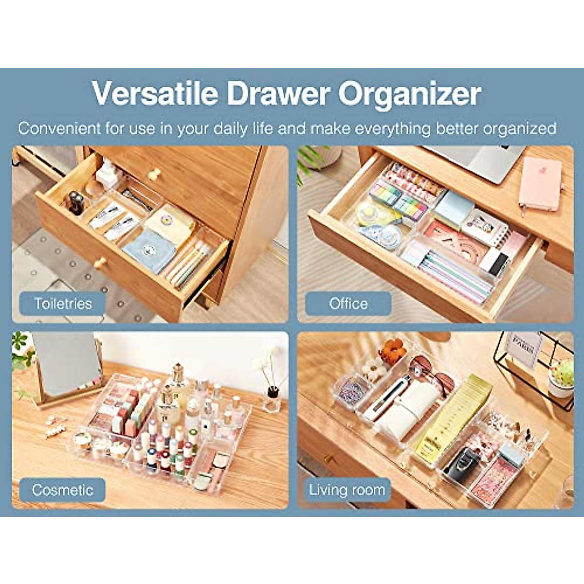 Puroma 10Pcs Drawer Organizer Set 5-size Versatile Vanity and Bathroom Drawer Organizers, Clear Plastic Desk Drawer Organizer Trays and Customize Layout Storage Bins for Makeup Kitchen Office (Clear)