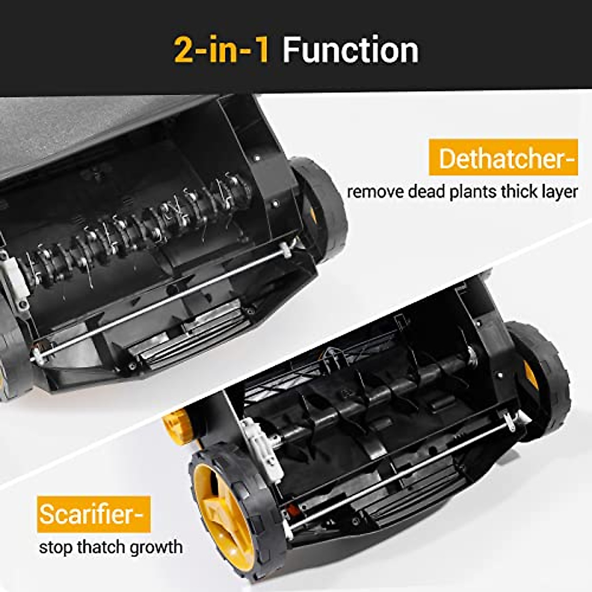 Rock&Rocker 15 INCH 13Amp Electric Dethatcher Scarifier, 2-in-1 Dethatcher Aerator, 5 Working Depth, 45L Thatch Bag, Tool-Free & Foldable Handle, Easy Storage, 3 Rod Handle Height, for Lawn Health