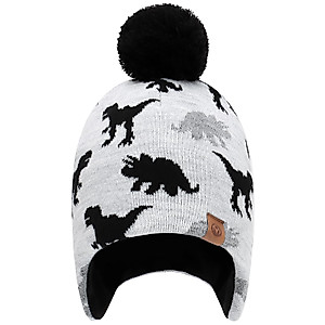 Duoyeree Kids Beanie Hat for Boys Girls Pom-pom Kint Hats Cozy Lining Winter Skull Cap White Grey