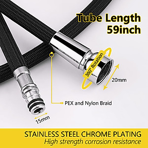 Kitchen Pull Down Faucet Hose Replacement Parts, M15*1mm X G1/2 X 150cm Black Pull Out Sink Spray Hose Anti Entanglement with 3/4” Connector