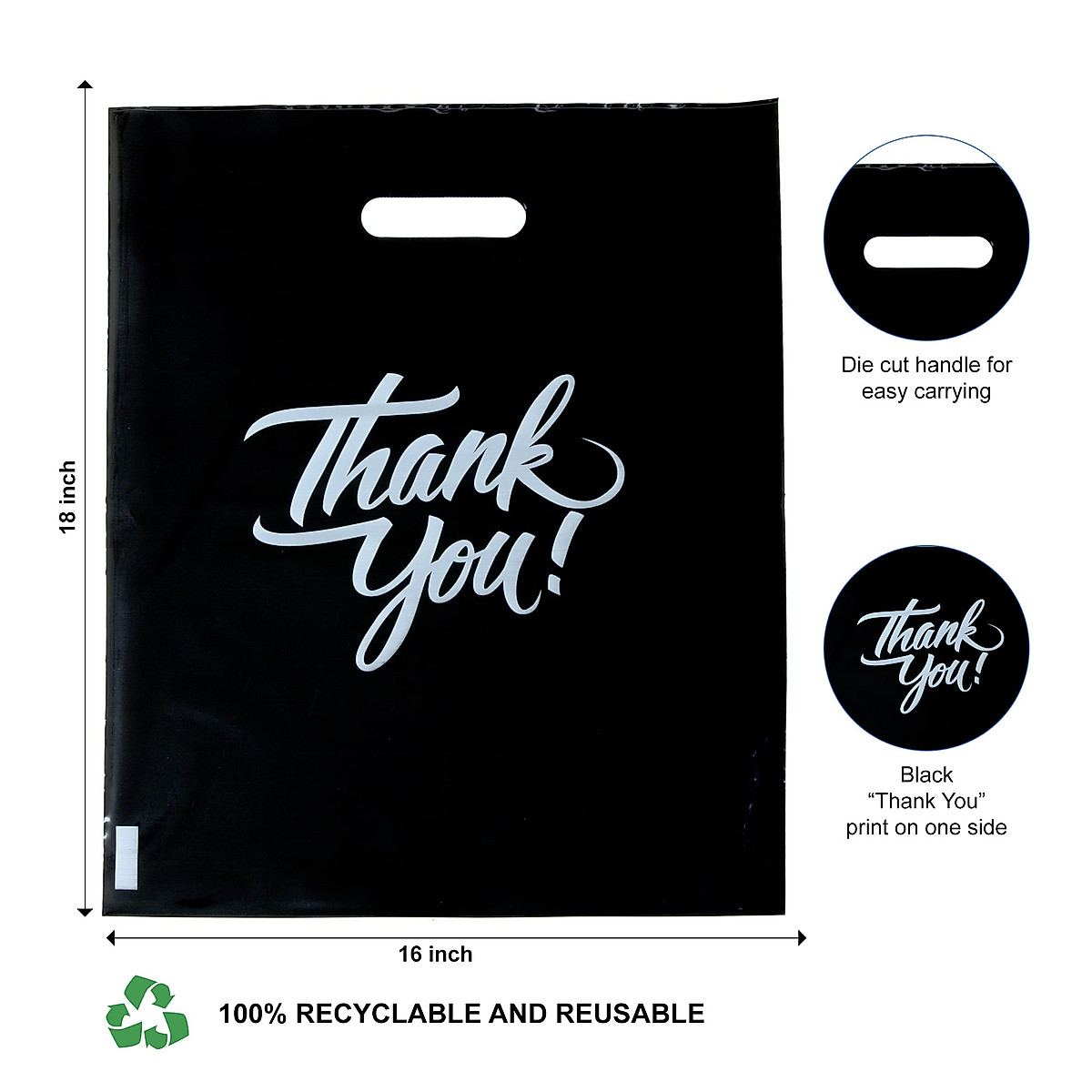 Infinite Pack Black 12"x15"(100pcs) Thank You Merchandise Bags, Die Cut Handles, Retail Shopping Bags for Boutique, Goodie Bags, Gift Bags Bulk, Favors, 1.75 Mil Reusable Plastic Bags