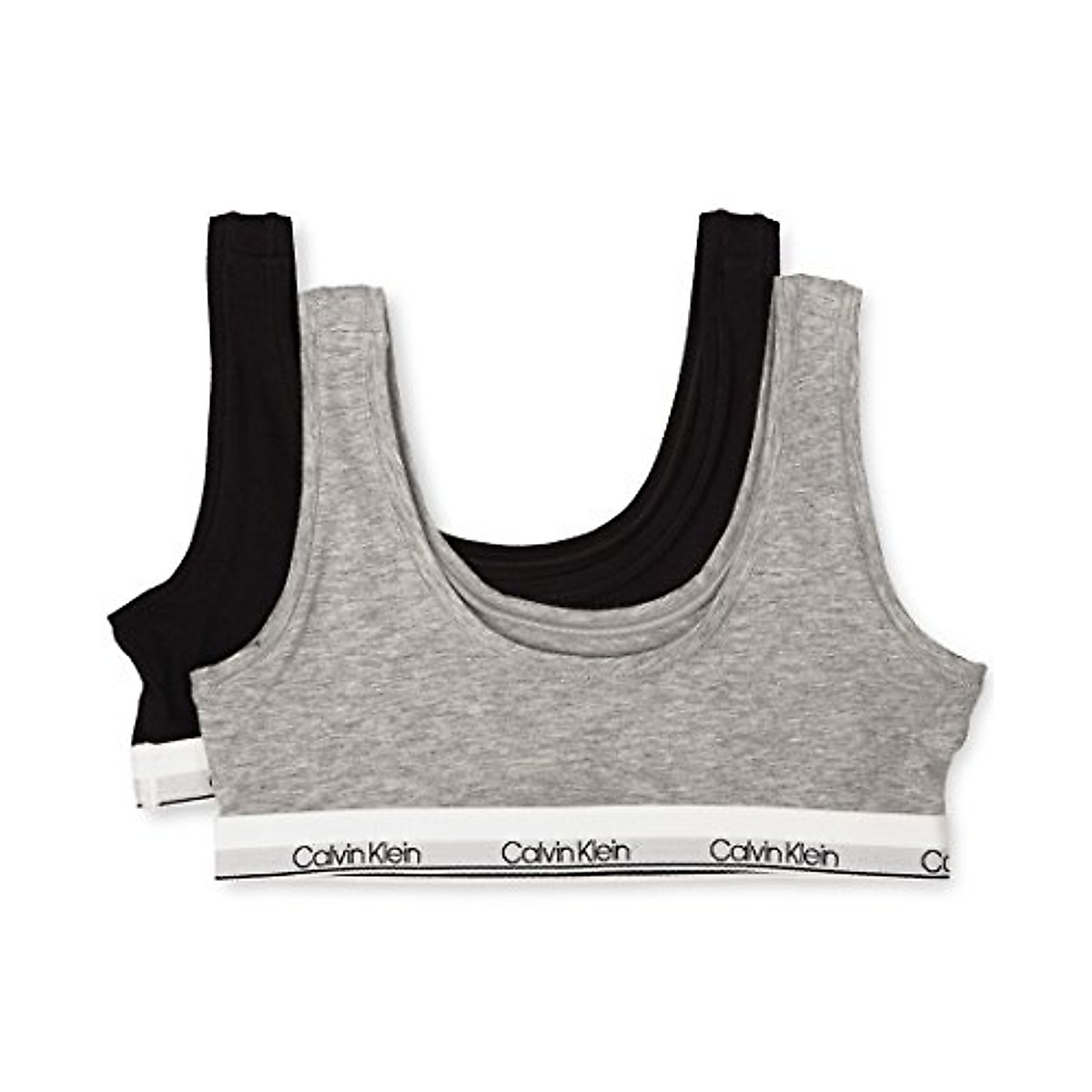 Calvin Klein Girls' Big Modern Cotton Bralette, Singles and Multipack, 2 Pack-Heather Grey, Classic Black, Large