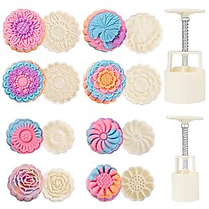 Barelove Bath Bombs Moon Cake Molds Kit, with 8 PCS 3D Thick Floral Shaped Stamps for 2 Sets, Mid-Autumn Festival Decoration Pastry Cookie Soap Hand-Pressure Mooncake Maker Cutter Tools Set (50g+100g)