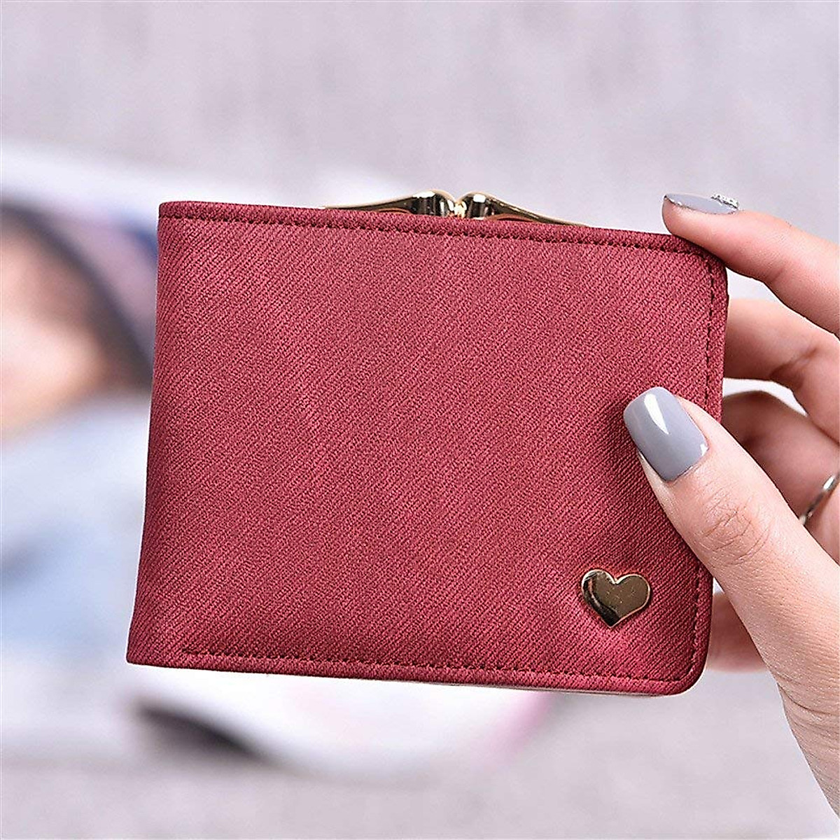 Small Wallets for Women Sweet Clutch Purse Heart Decoration Ladies Card Coin Holder (Red)