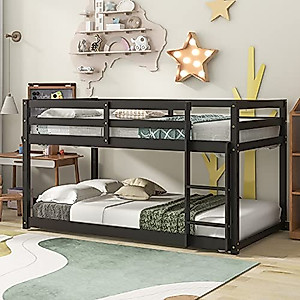 HomSof Twin Floor Bunk Bed, Twin Over Twin, Espresso