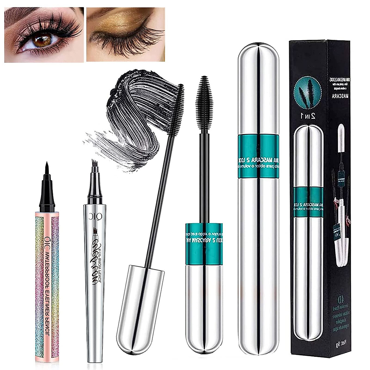 3 PCS Silk Fiber Mascara for Longer, 2 in 1 Vibely Mascara Voluminous Eyelashes,Natural Waterproof Smudge-Proof, All Day Exquisitely Long, Smudge-Proof Eyelashes with Eyeliner and Eyebrow Pencil (3 Pack)