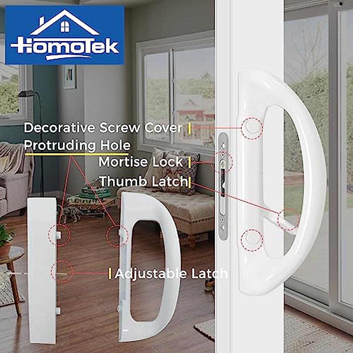 HOMOTEK 1 Pack Patio Door Handle Set, Replacement Sliding Door Handle with Key for Sliding Patio Door Thickness from 1-1/2" to 1-3/4", 3-15/16" Screw Hole Spacing, Mortise Lock, Reversible, White