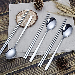 JUCOXO Stainless Steel Chopsticks and Spoons Set of 3, Korean Spoons and Chopsticks Set, Reusable Metal Long Handle chopsticks Spoon Set
