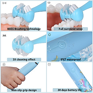 Sunartec Kids Electric Toothbrush, Six-Sided Inside and Outside Cleaning Rechargeable Sonic Toothbrushes with Timer &2 Brush Heads & Four Cleaning Modes, Training Brushing Teeth for Kids Gifts(Blue)