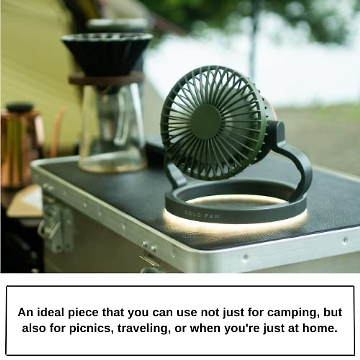 SPICE OF LIFE Circulaire Camping Fan with LED Ring Light - Khaki - 4000 mAh Battery, USB Rechargeable, Magnetic Remote, Auto Timer, Hanging Tent Hook, Removable and Washable Fan Cover